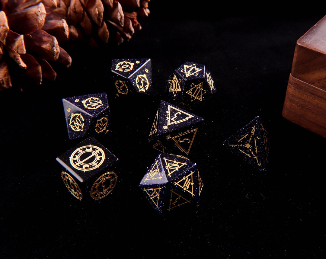 Engraved Dark Blue DND Dice Set – Handmade Carving Sandstone Gemstone ...