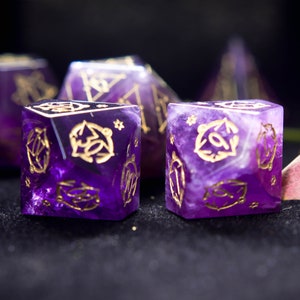 Purple Crystal DND Dice Set – Handmade Engraved/carving Amethyst for ...