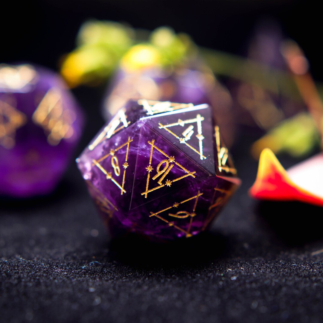 Purple Crystal DND Dice Set – Handmade Engraved/carving Amethyst for ...