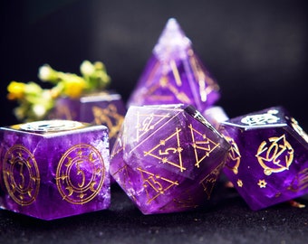 Purple Crystal DND Dice Set – Handmade Engraved/carving Amethyst for ...