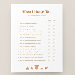 Most Likely To...? Baby Shower Game | A5 Sheets | Simple Minimalistic ...