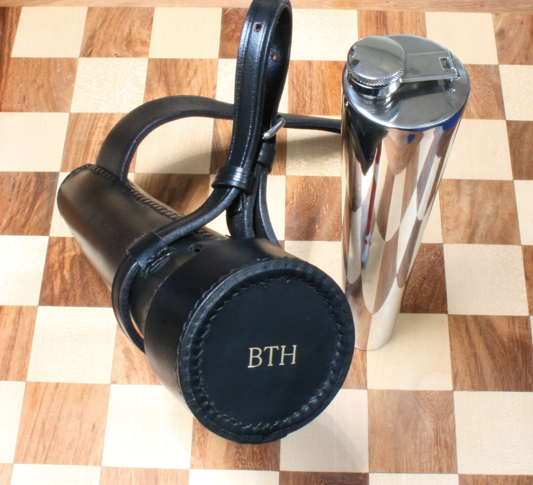 Personalised Saddle Flask in Black, Brown or Pink Leather Case Hunting ...