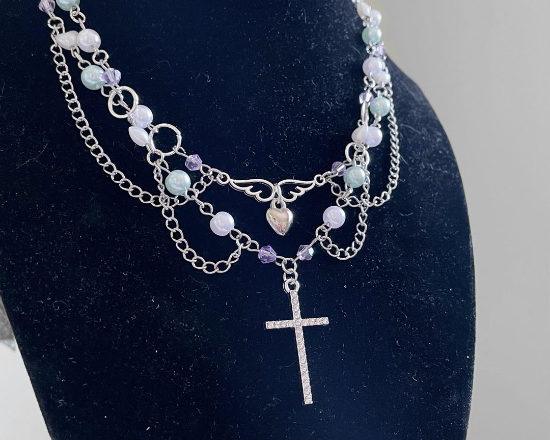 Handmade Pastel Layered Choker Necklaces - Cross Charm Cutecore ...