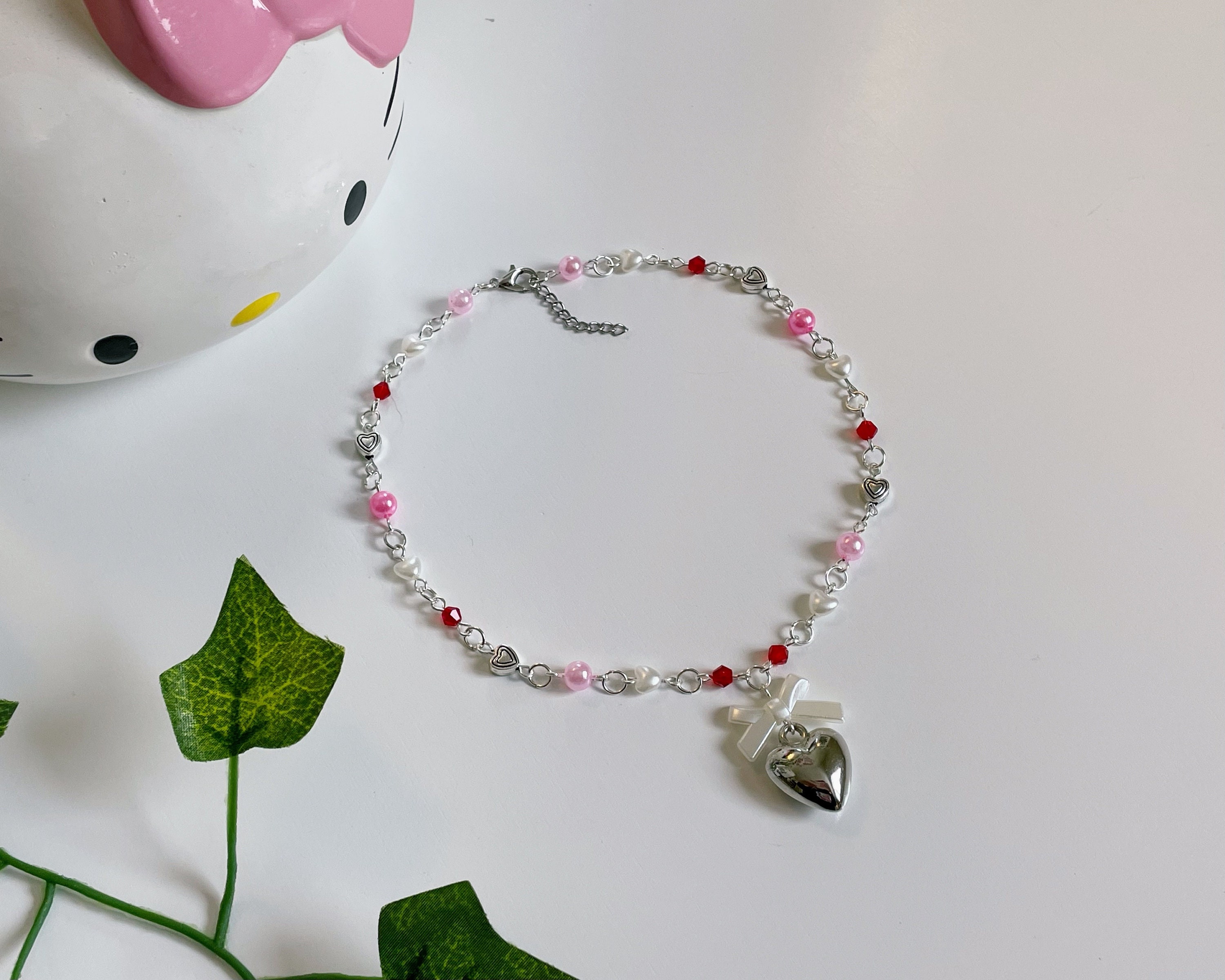 Handmade Pink and Red Heart Choker Necklace Cutecore Lovecore Dollette ...