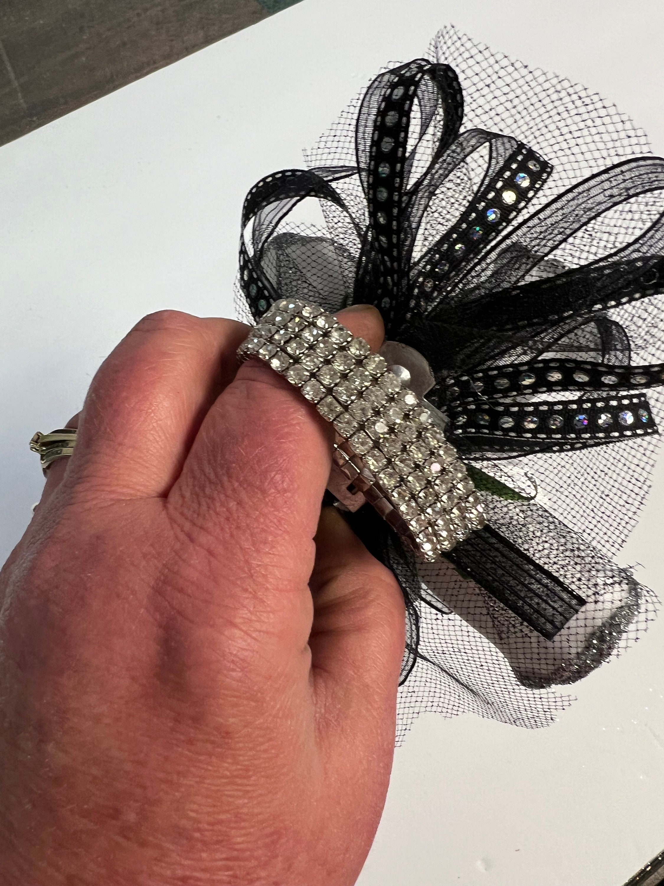 Black and Silver Rhinestone Wrist Corsage Artificial Rose Corsage for ...