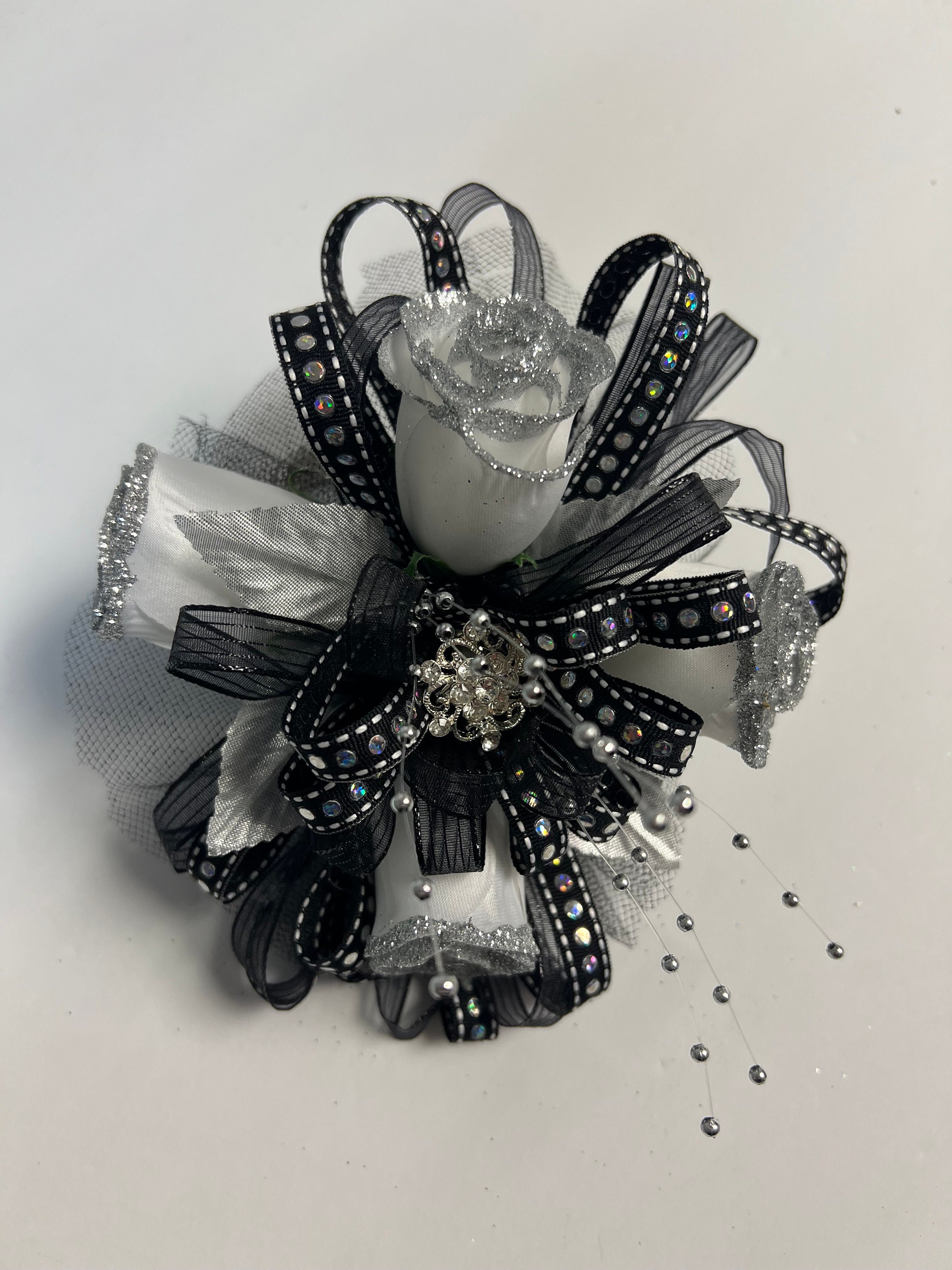 Black and Silver Rhinestone Wrist Corsage Artificial Rose Corsage for ...