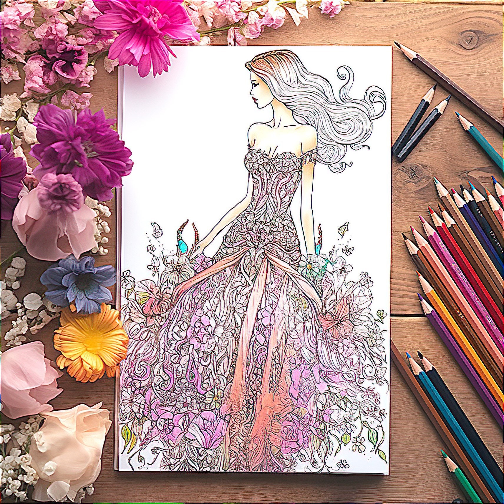 Beautiful Women With Flowers Coloring for Adult and Kids Wedding ...