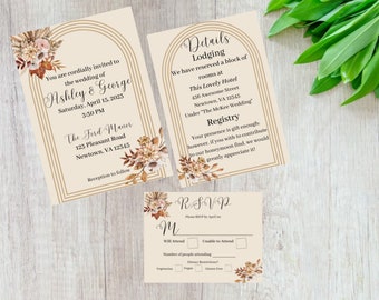 Floral Wedding Invitation Template: Beige & Brown Printable Invite - Etsy