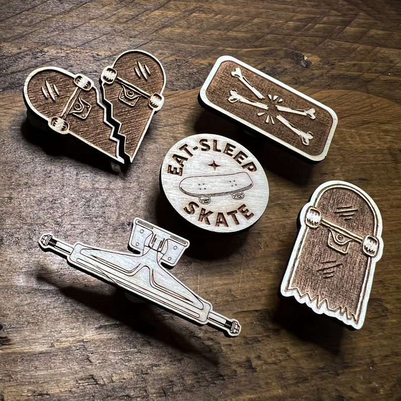Five Skateboard Themed Wooden Pin Badges Engraved Pins Skate Gifts ...