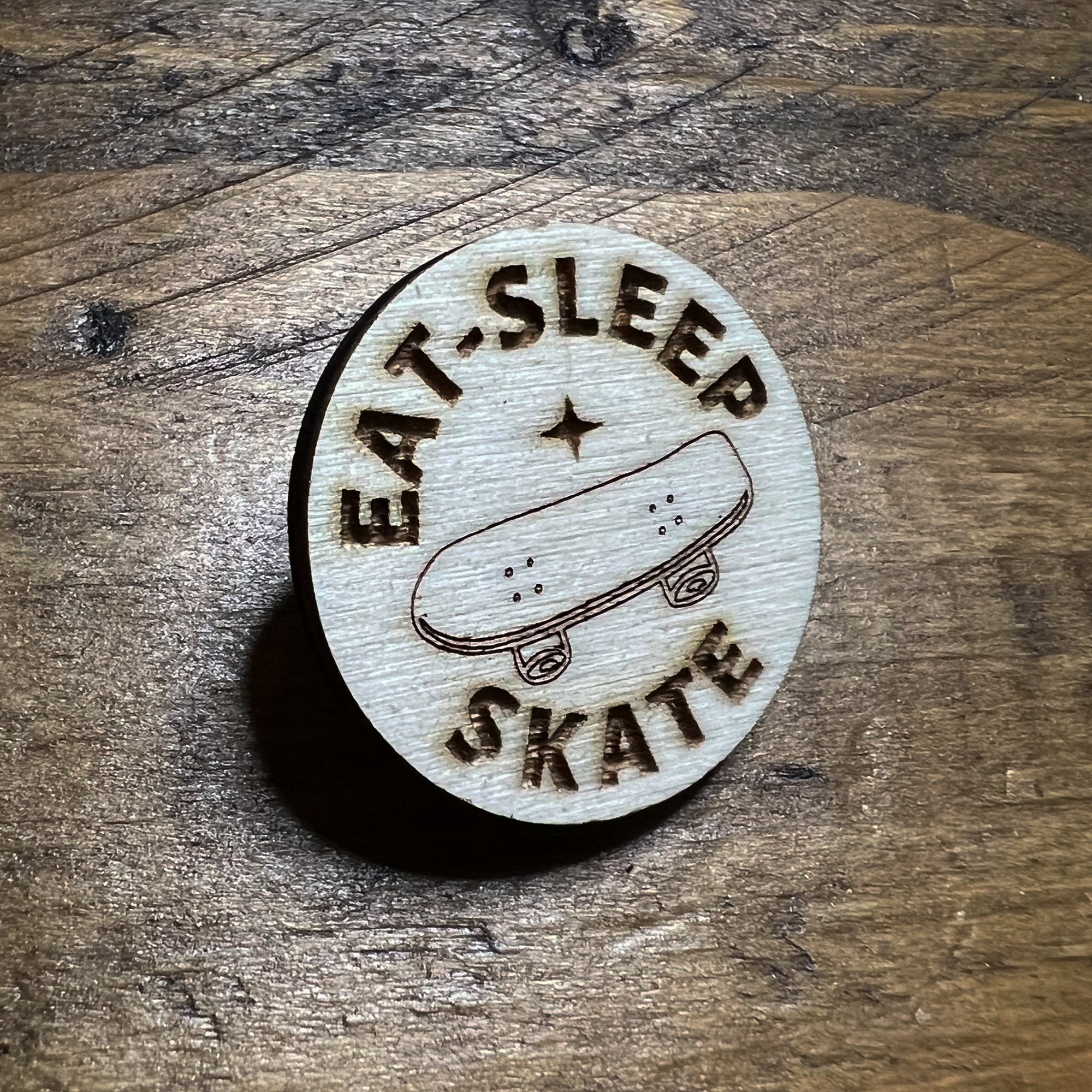 Five Skateboard Themed Wooden Pin Badges Engraved Pins Skate Gifts ...