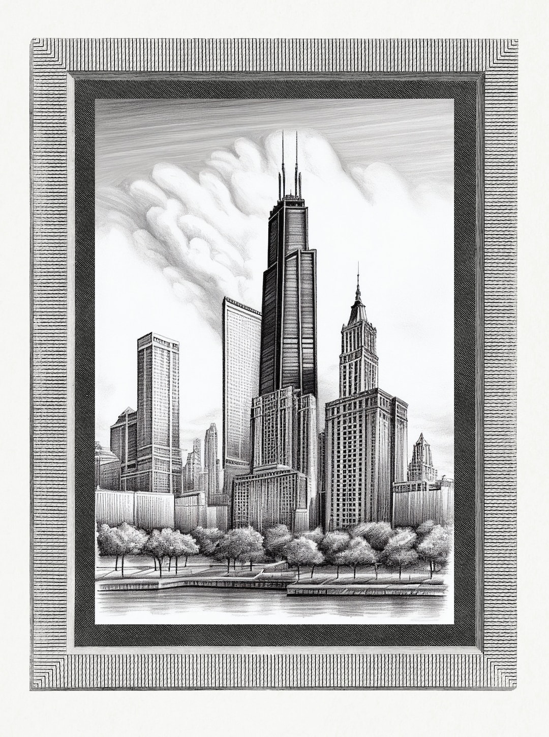 Chicago Cityscape Wall Art Pencil Art Drawing - Etsy