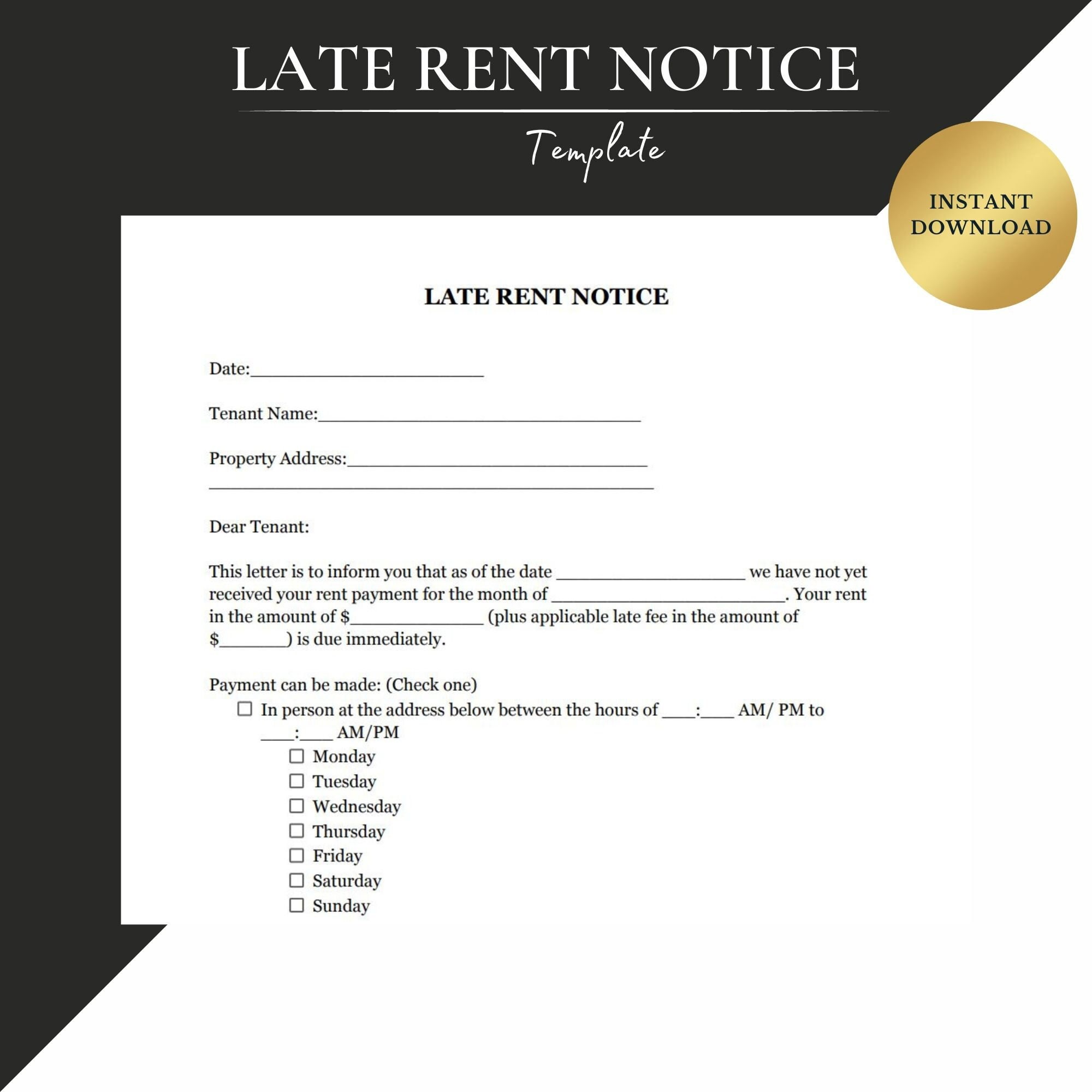 LANDLORD LATE RENT Notice, Late Rent Payment. Landlord Template. - Etsy
