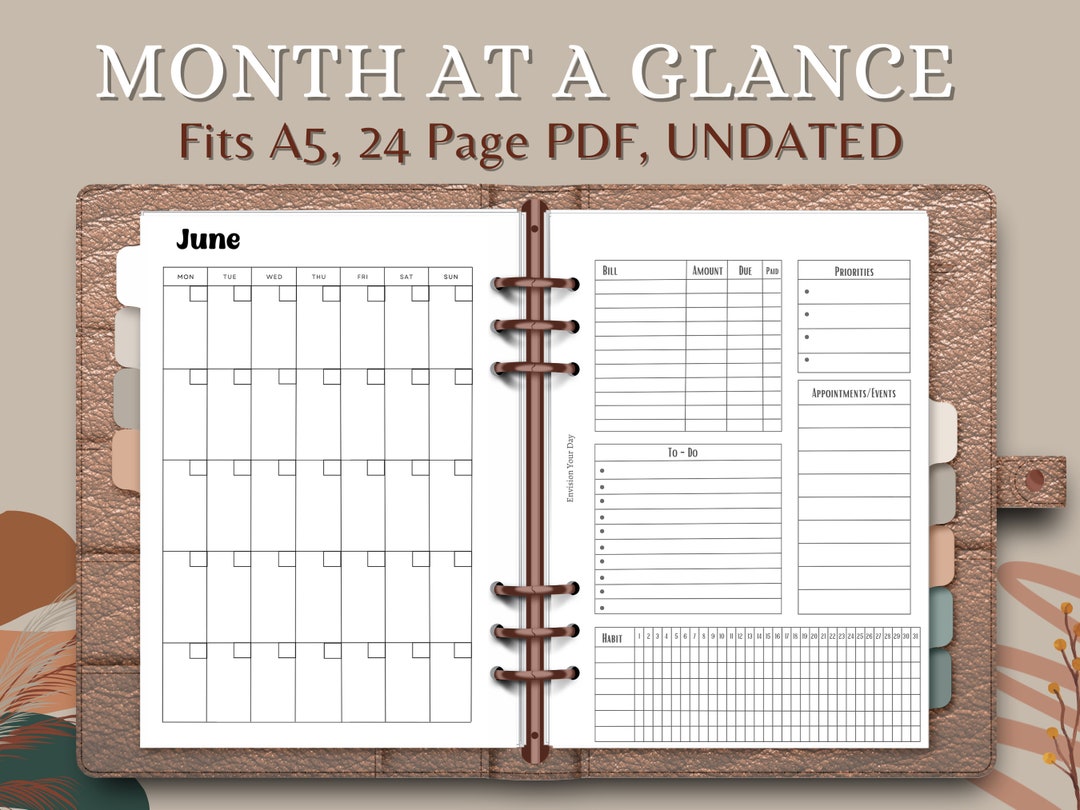 A5 Monthly Planner Printable, 2-page Month at a Glance, To-do List ...