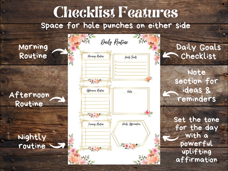 Floral Daily Printable Planner Inserts Self Care Checklist Routine ...