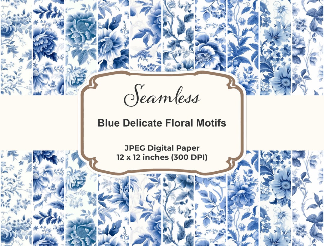 Blue Toile Digital Paper – Vintage Floral Seamless Patterns (digital ...