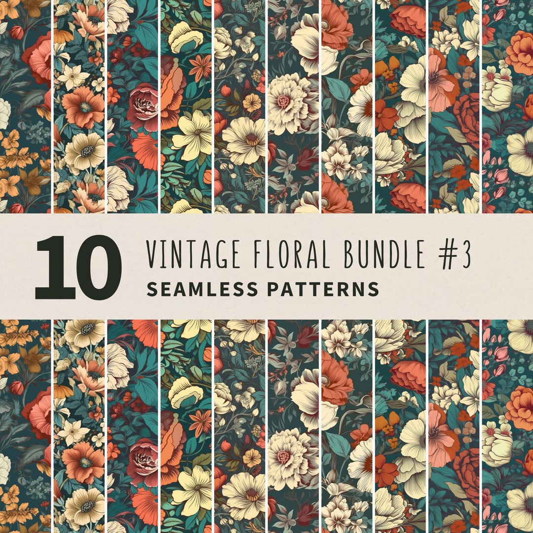Vintage Floral Digital Paper Bundle - 10 Vivid Color Seamless Patterns ...