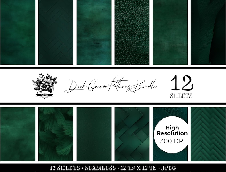 Dark Green Background Patterns Bundle, 12 Seamless Digital Patterns ...
