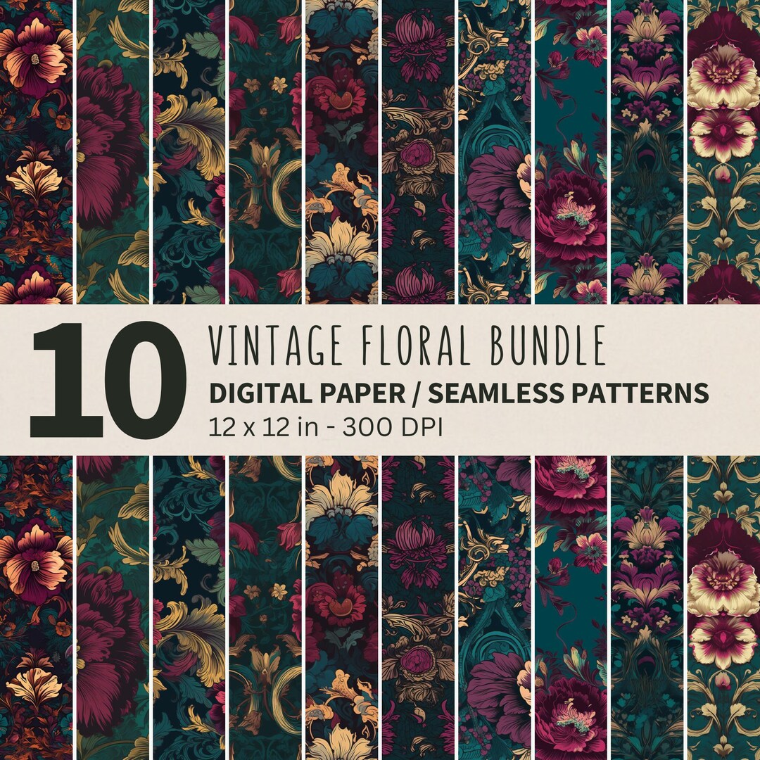 Baroque Blooms Digital Paper: A 10-pattern Bundle of Vintage Floral ...