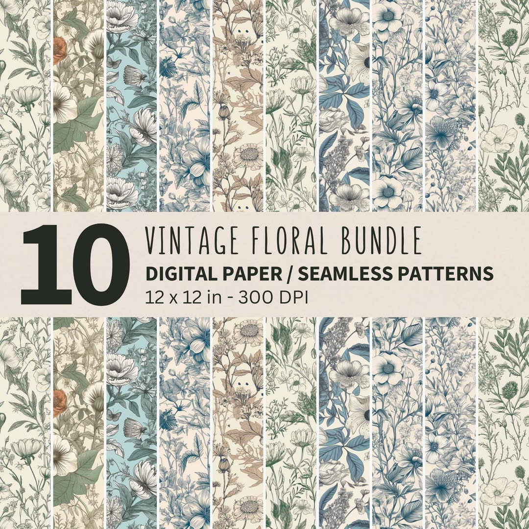Vintage Botanical Sketches Digital Paper Bundle, 10 Vintage Floral ...