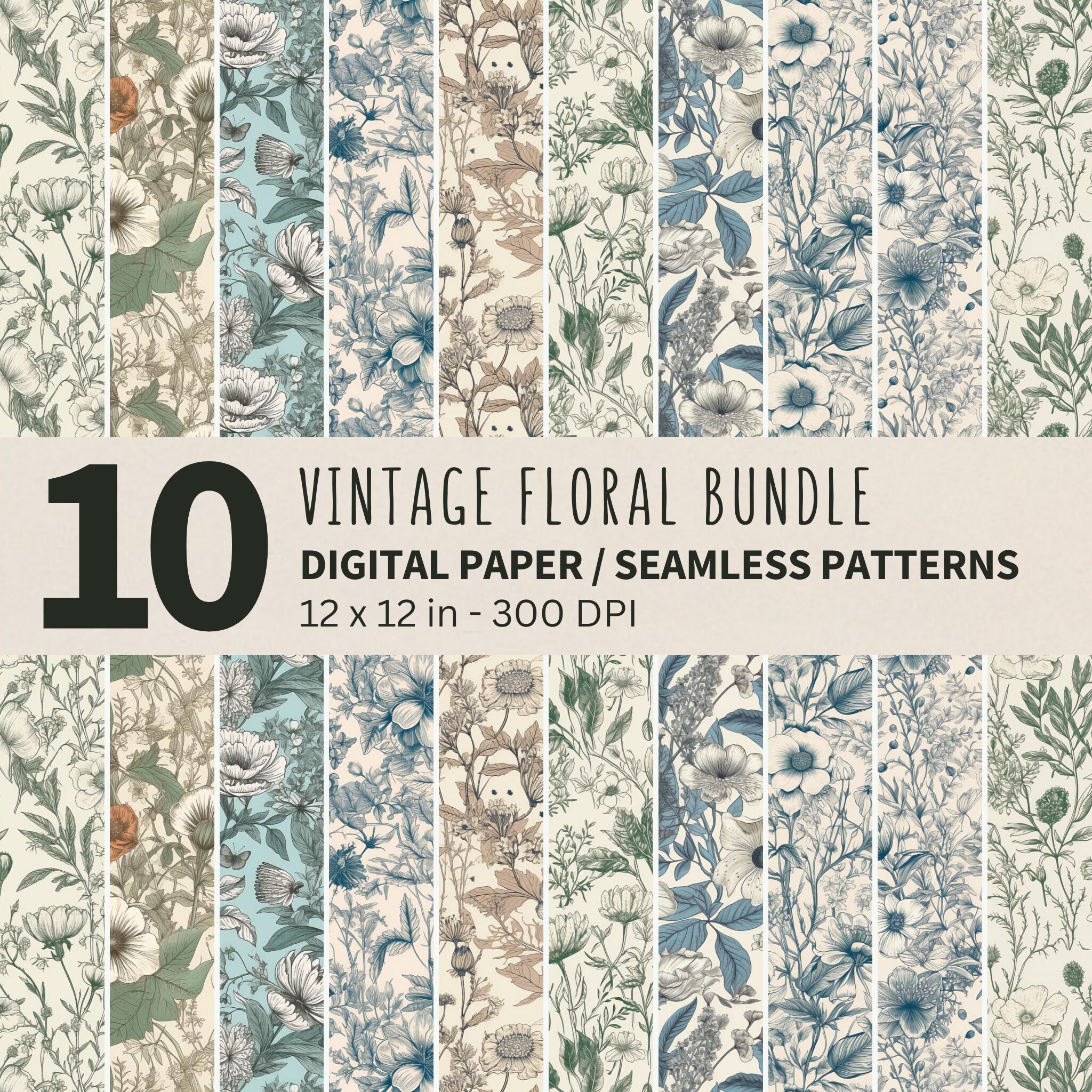 Vintage Botanical Sketches Digital Paper Bundle, 10 Vintage Floral ...