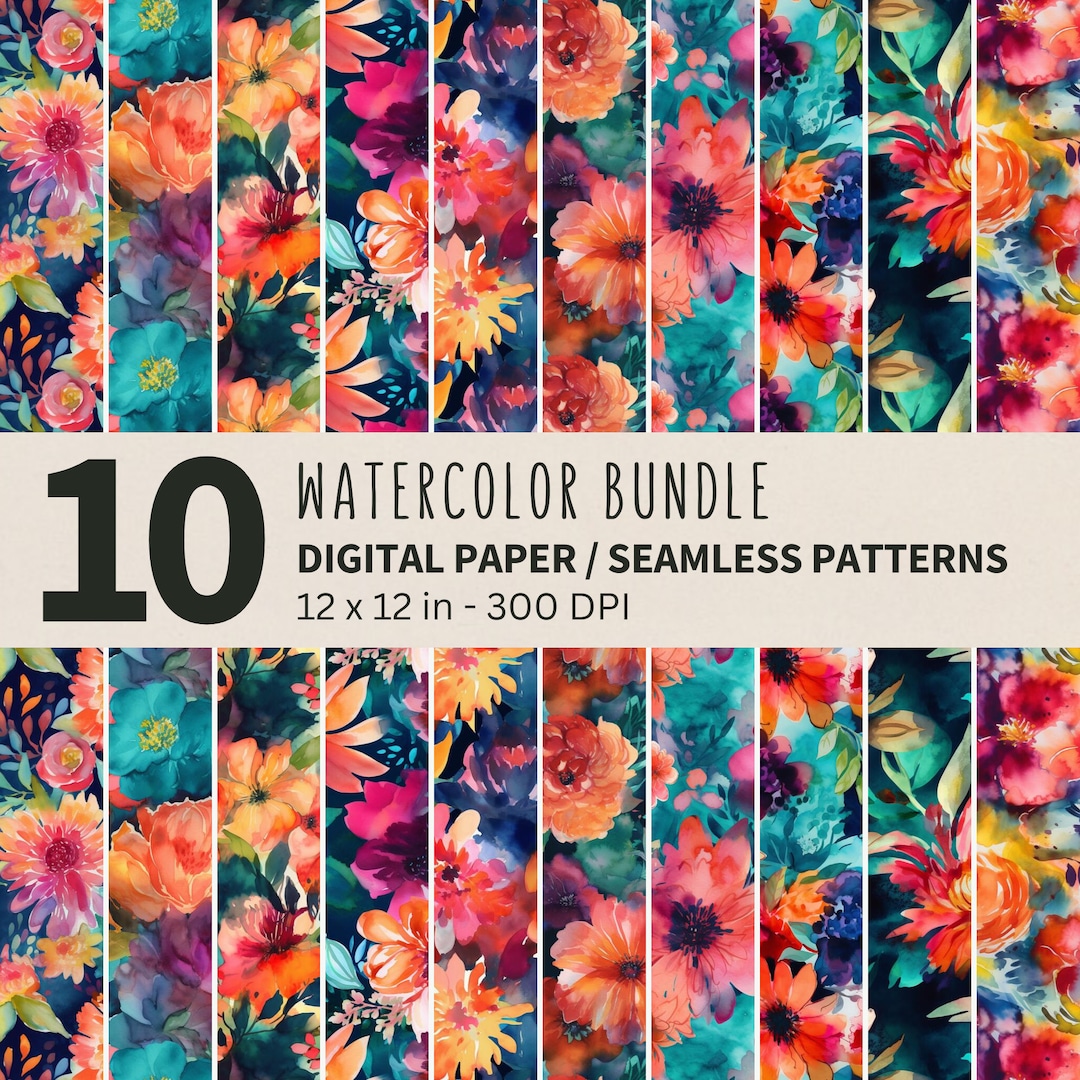 Vibrant Watercolor Flowers Digital Paper 10 Seamless Pattern Bundle - Etsy