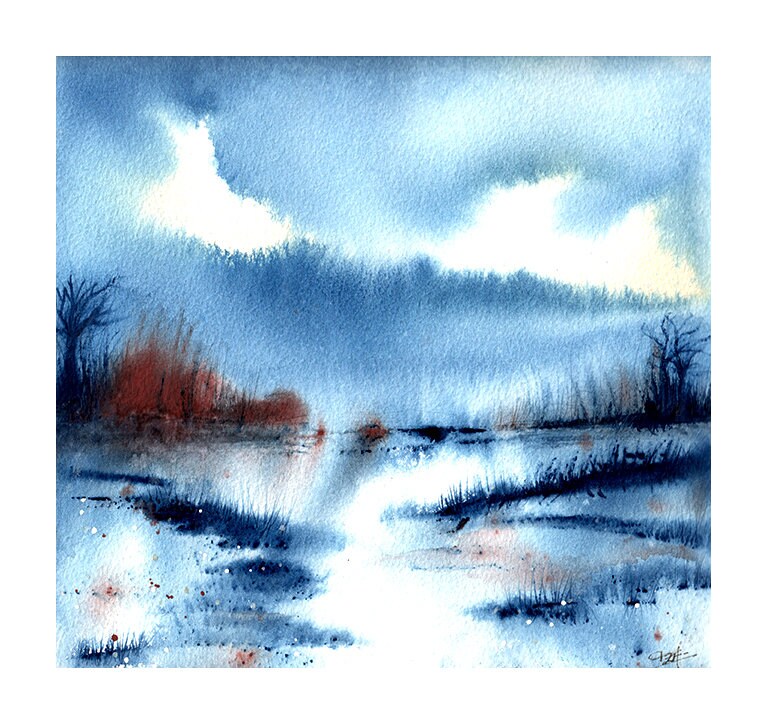 Original Watercolor Painting, Blue Ice Landscape, Frozen Swamps - Etsy