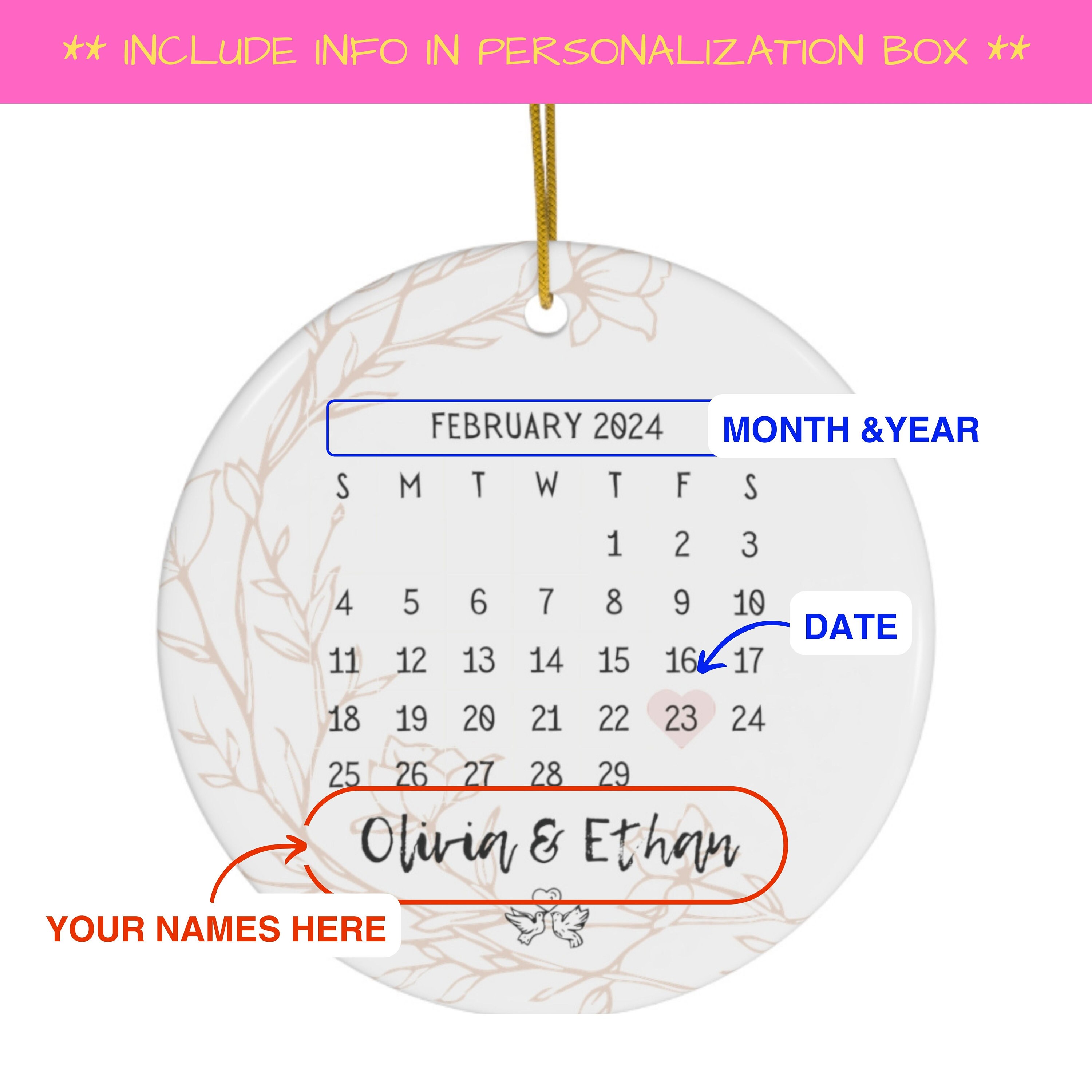 Personalized Calendar Anniversary Ornament, Custom Engaged Married ...