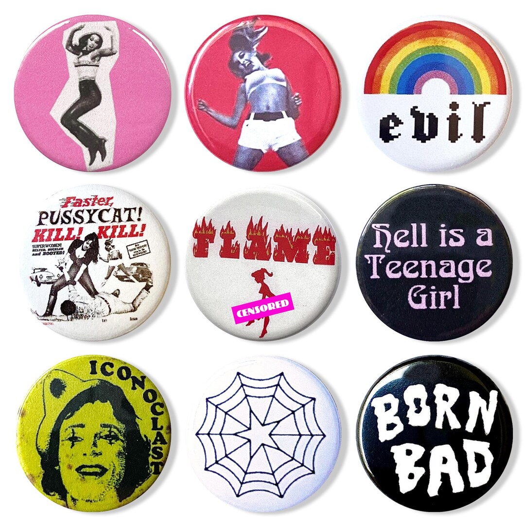Vintage Goth Pin-up Button Badges – Goth Rainbow, Faster Pussycat ...