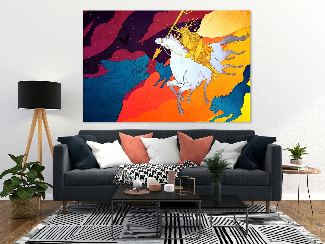 Odin Canvas, Father of Thor, Huge Canvas, Colorful Wall Art, Wolf, Crow ...