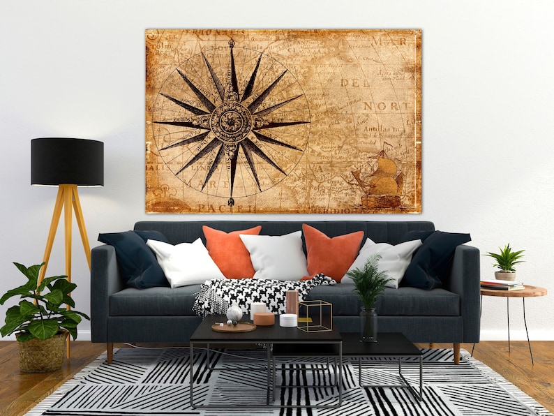 Nautical World Map Wall Decor, Antique Map Canvas, Large Canvas Print ...