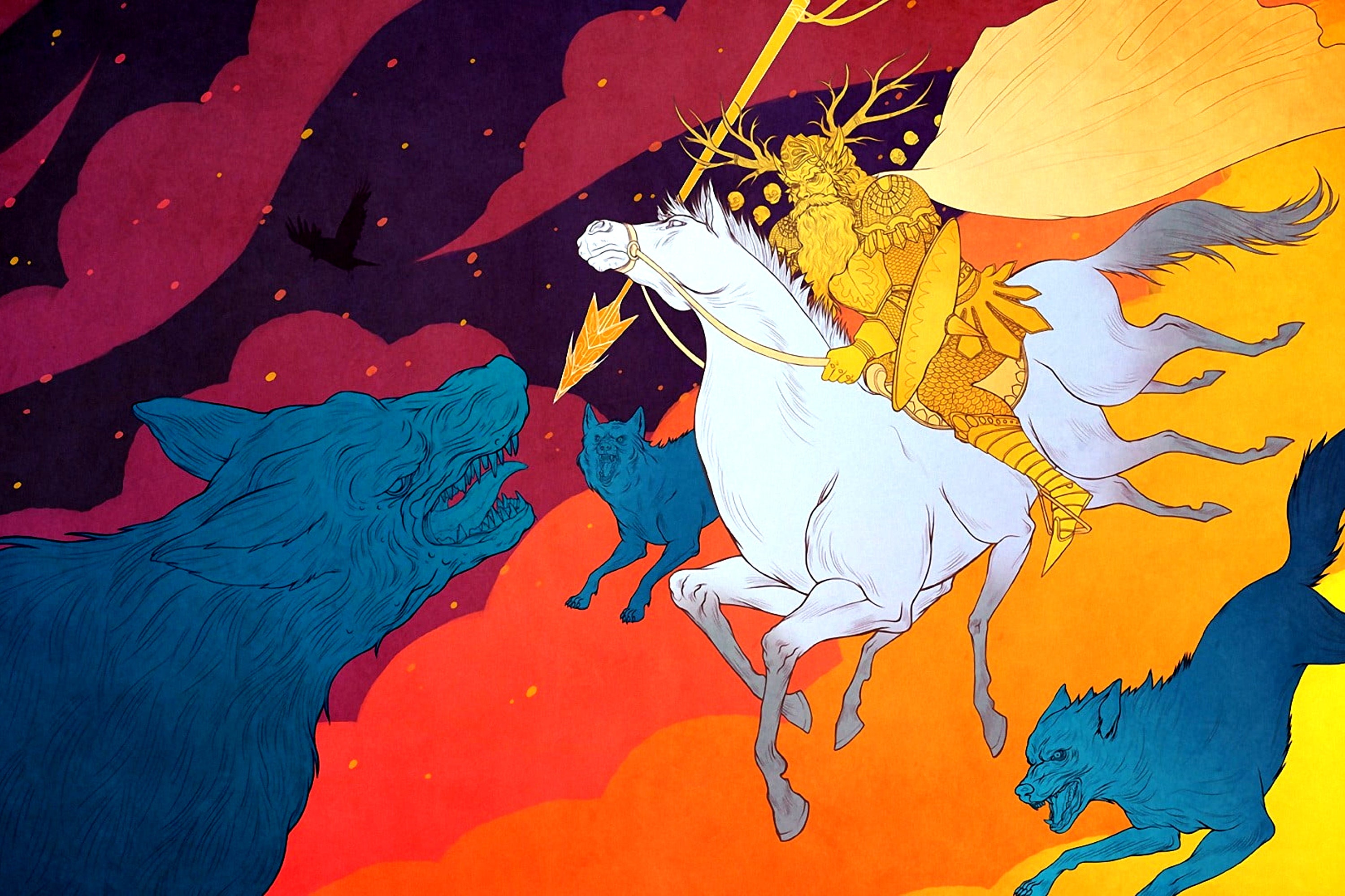 Odin Canvas, Father of Thor, Huge Canvas, Colorful Wall Art, Wolf, Crow ...