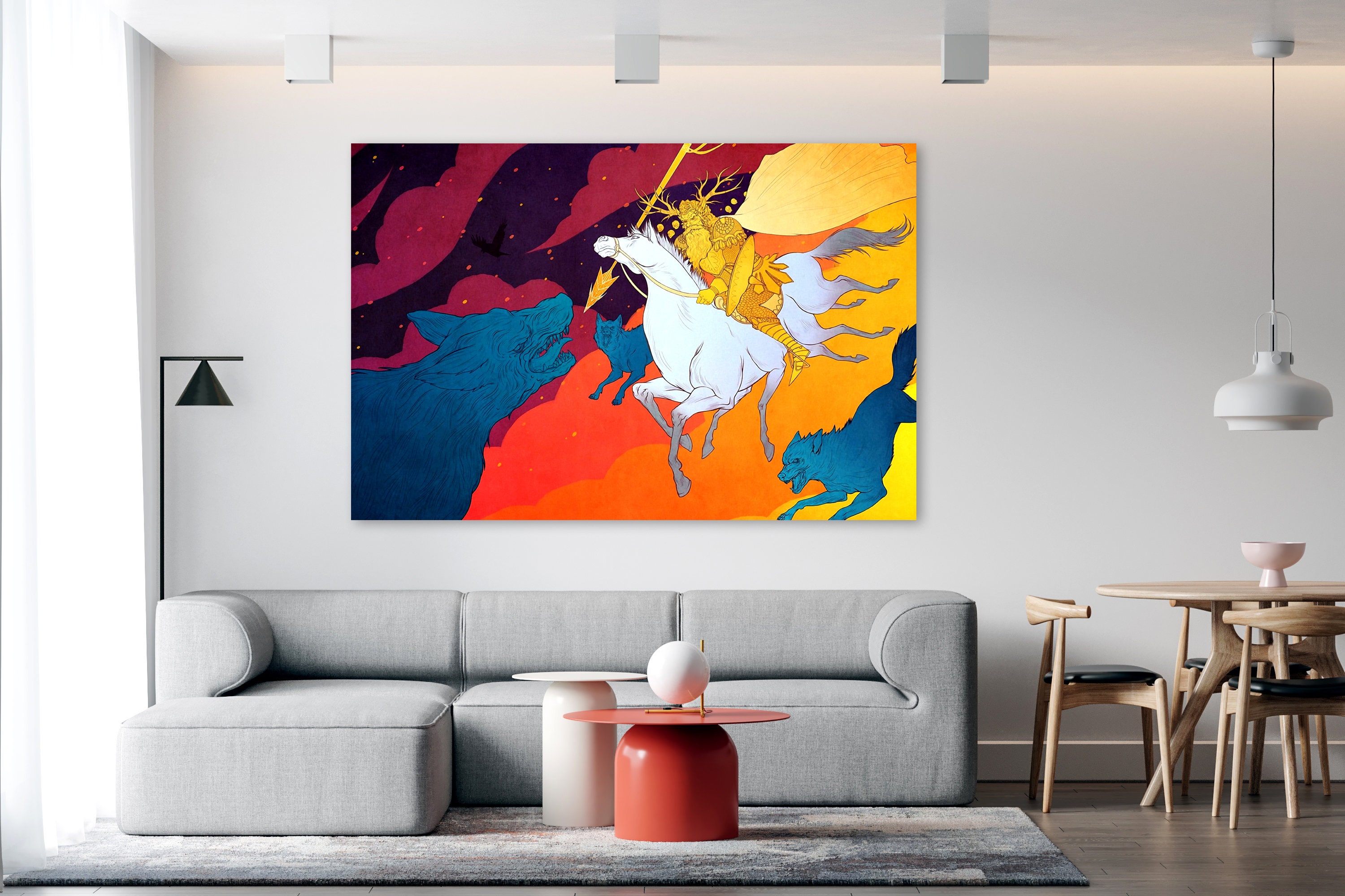 Odin Canvas, Father of Thor, Huge Canvas, Colorful Wall Art, Wolf, Crow ...