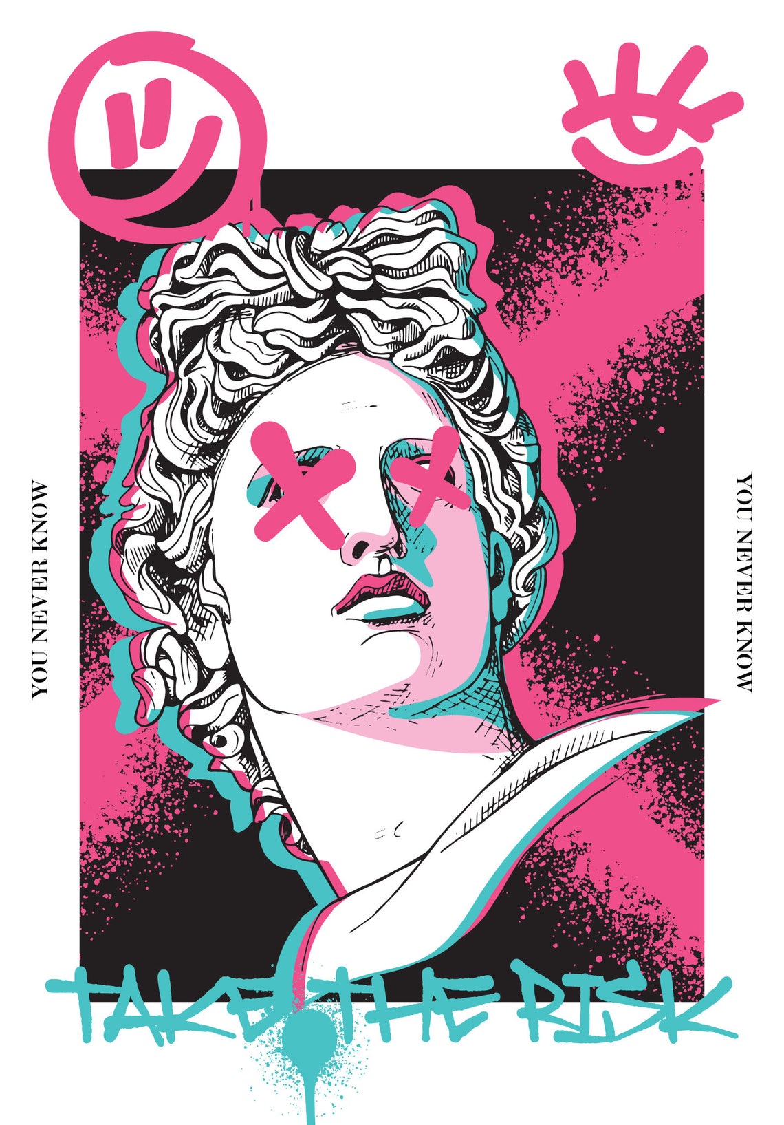 Pop Art Bust With Bold Pink Eyes and Crossed-out Marks - Digital Print ...