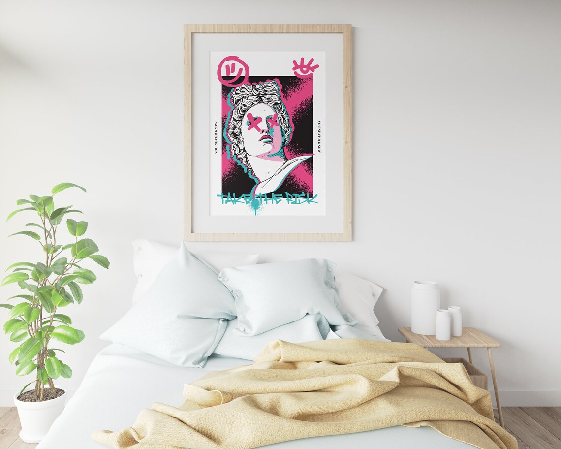 Pop Art Bust With Bold Pink Eyes and Crossed-out Marks - Digital Print ...