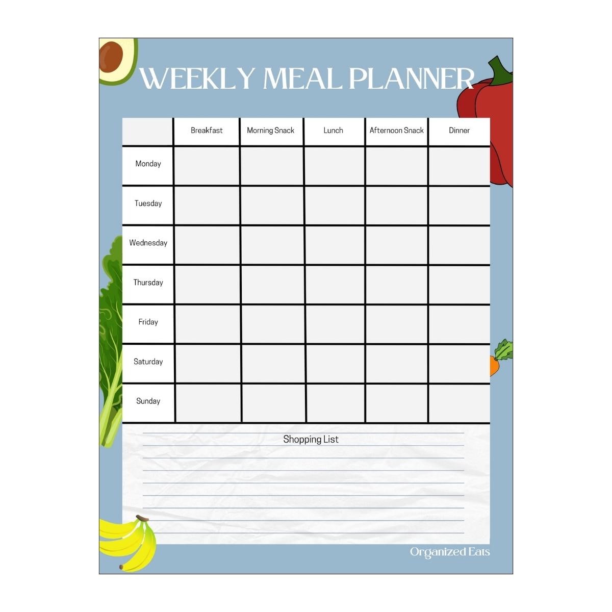 Weekly Meal Planner Printable | Meal Prep Calendar With Snacks ...