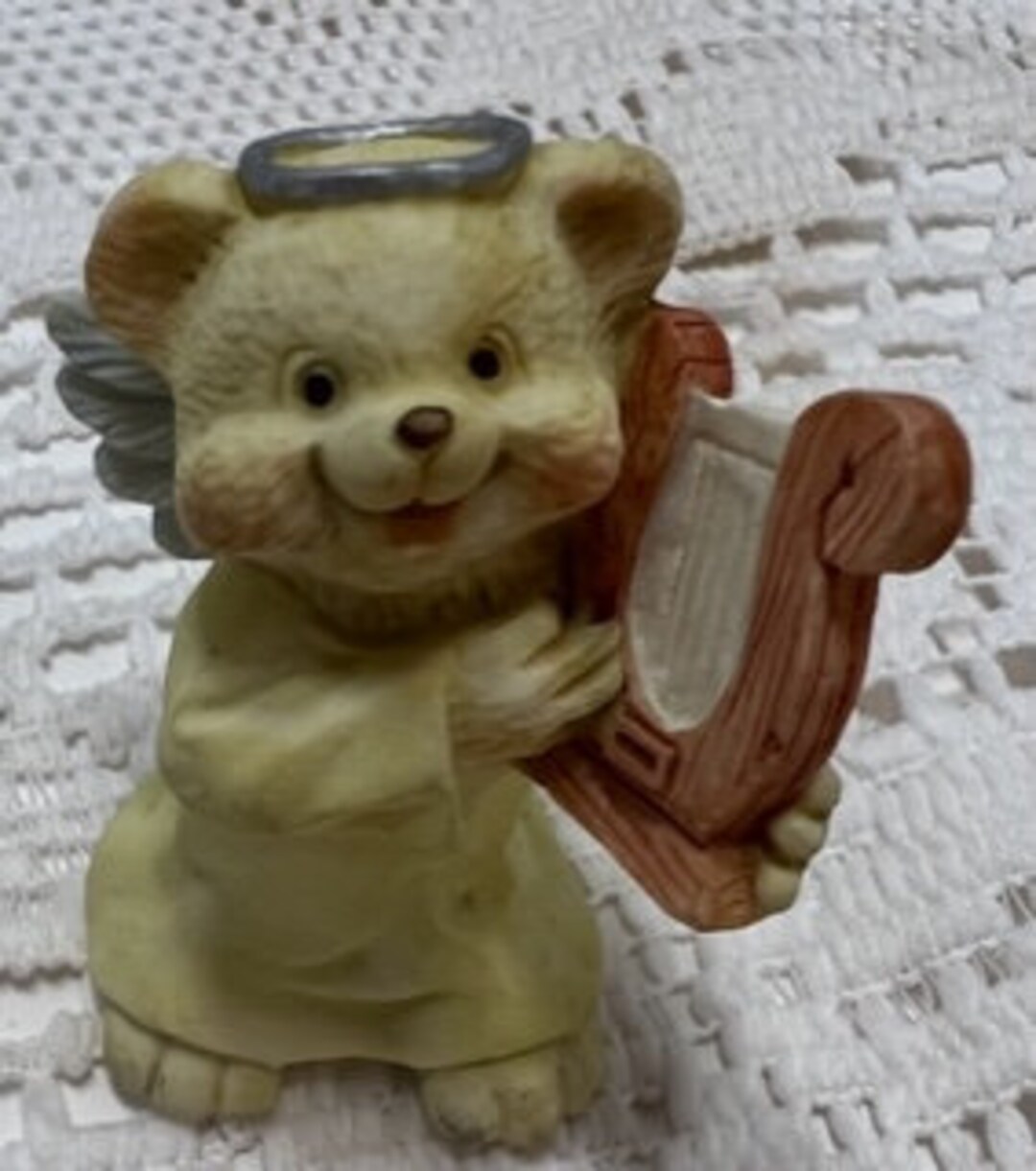 Figurine; "angel Teddy Babies" - Baby Bear Angel With Harp - Etsy