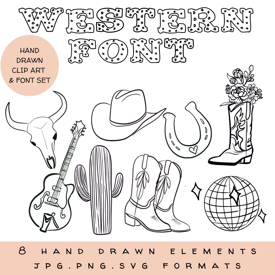 Cowboy Western Hand Drawn Font and Clip Art Bundle, Vintage Wild West ...