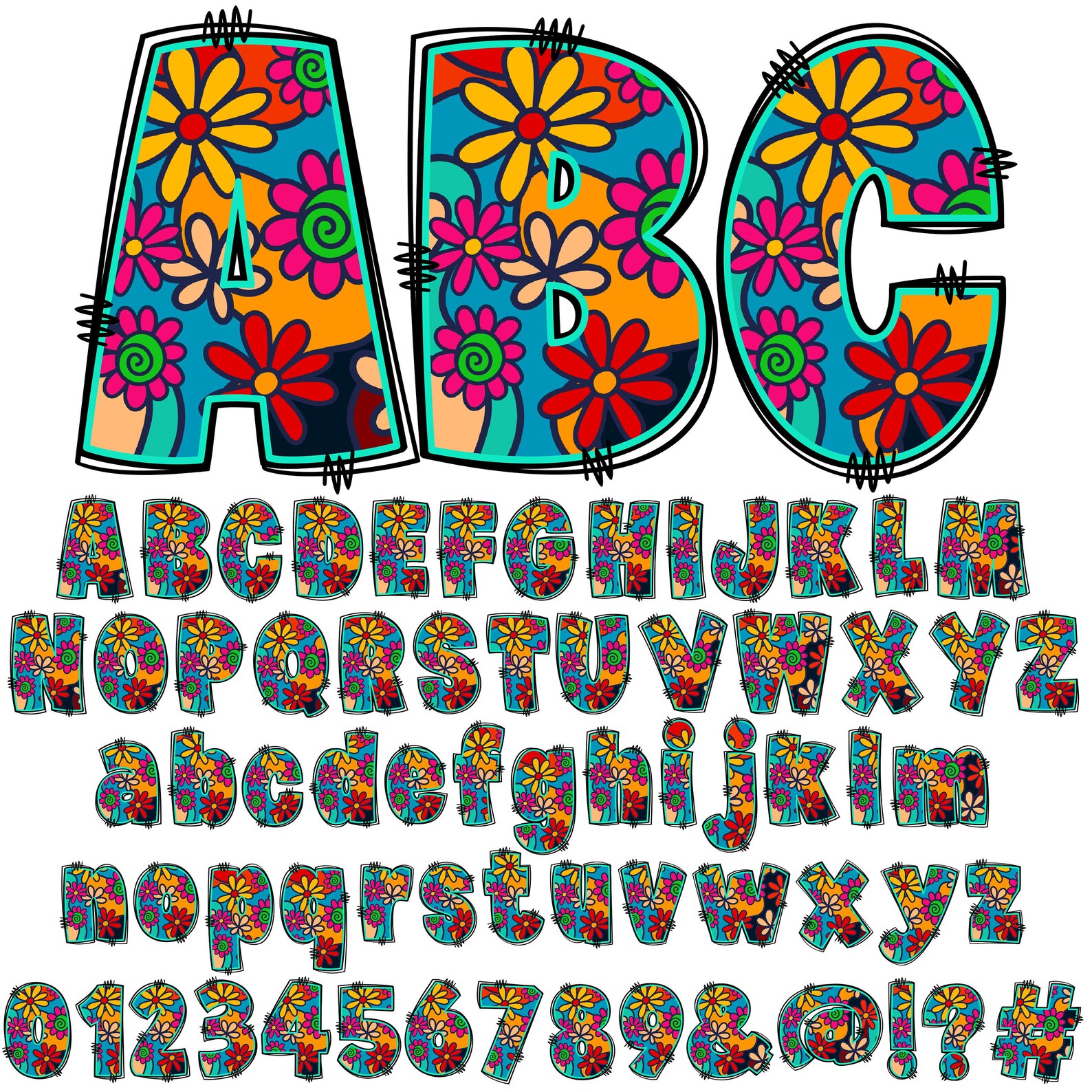 Spring Alphabet PNG, Retro Floral Doodle, PNG Letters, Groovy Doodle ...