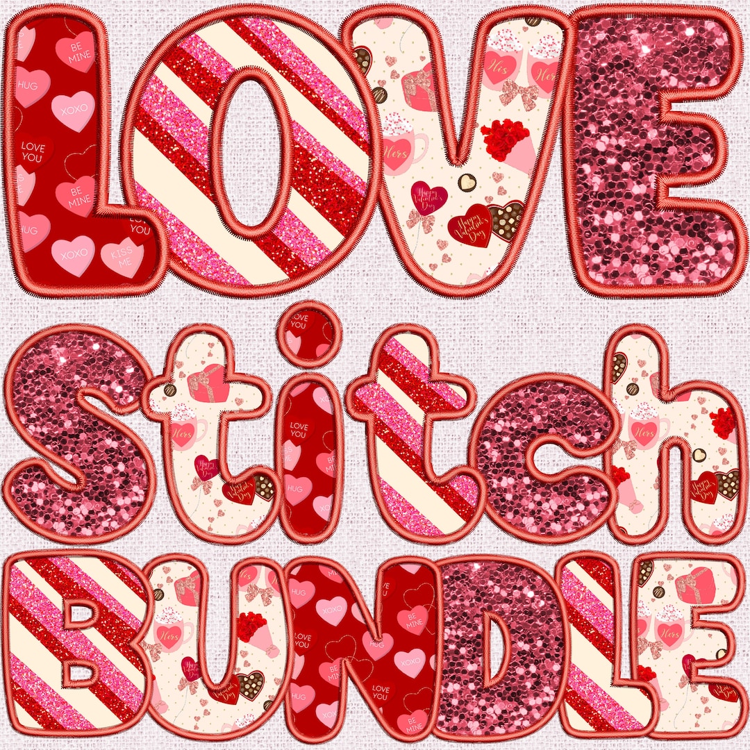 Valentine's Day Faux Embroidery Alphabet Bundle PNG, Glitter Alphabet ...