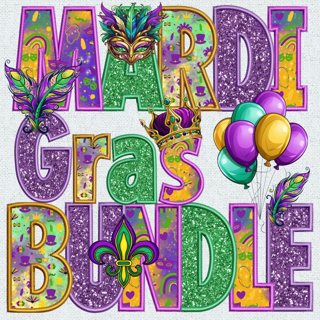 Mardi Gras Alpha Bundle, Faux Embroidery Alphabet PNG, Mardi Gras ...