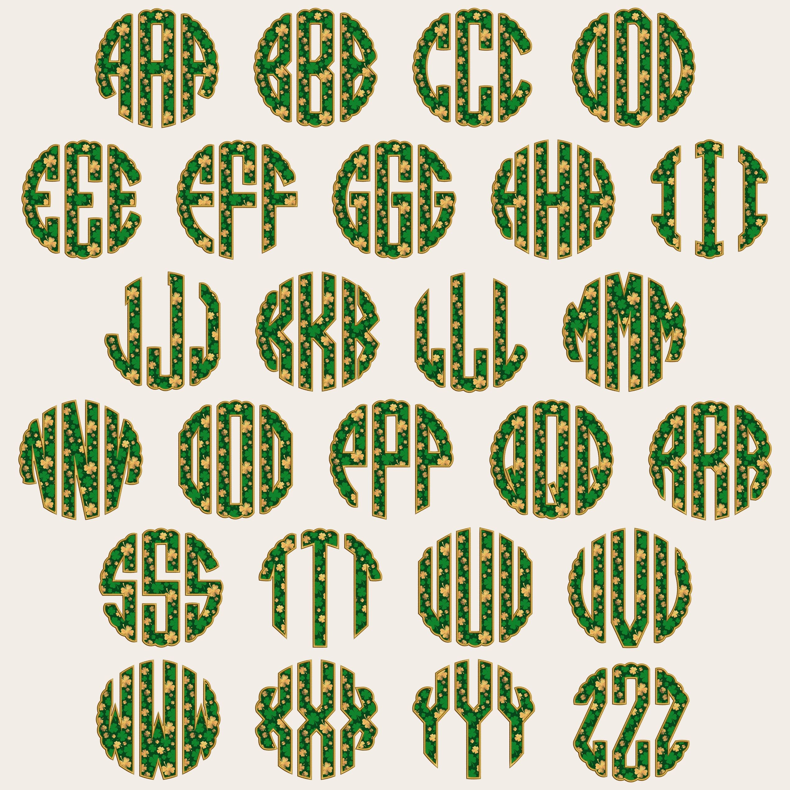 St Patrick's Day Monogram Bundle, Faux Embroidery Alphabet PNG, 3 Sets ...