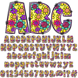 BUNDLE Spring Alphabet PNG, Groovy Floral Doodle, PNG Letters, Retro ...