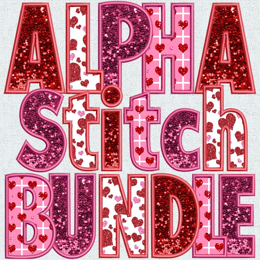 Valentine's Day Faux Embroidery Glitter Alphabet Bundle PNG, Glitter ...