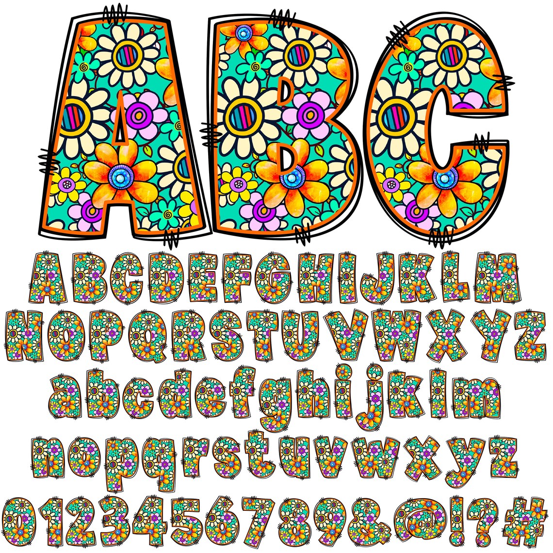 BUNDLE Spring Alphabet PNG, Groovy Floral Doodle, PNG Letters, Retro ...