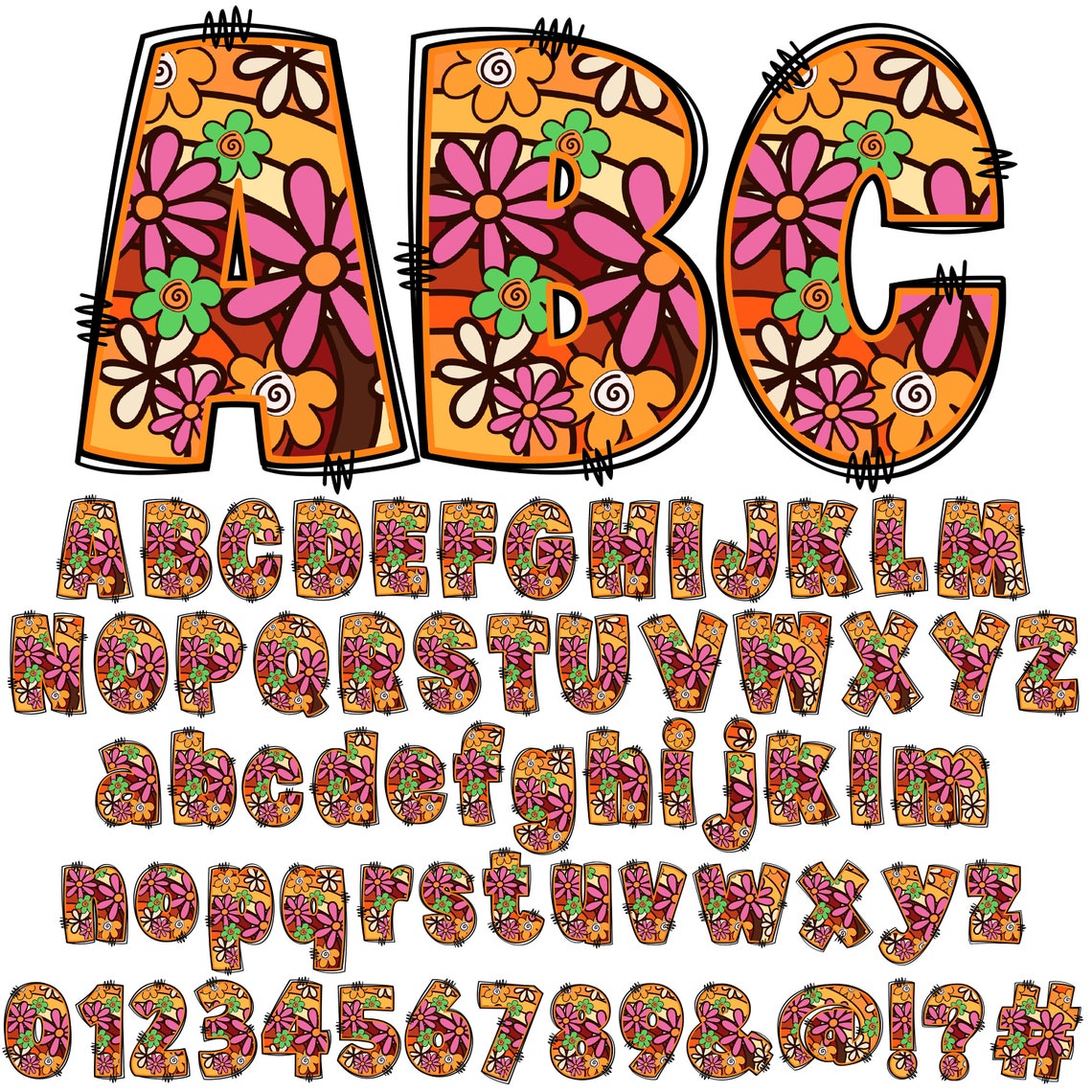 BUNDLE Spring Alphabet PNG, Groovy Floral Doodle, PNG Letters, Retro ...