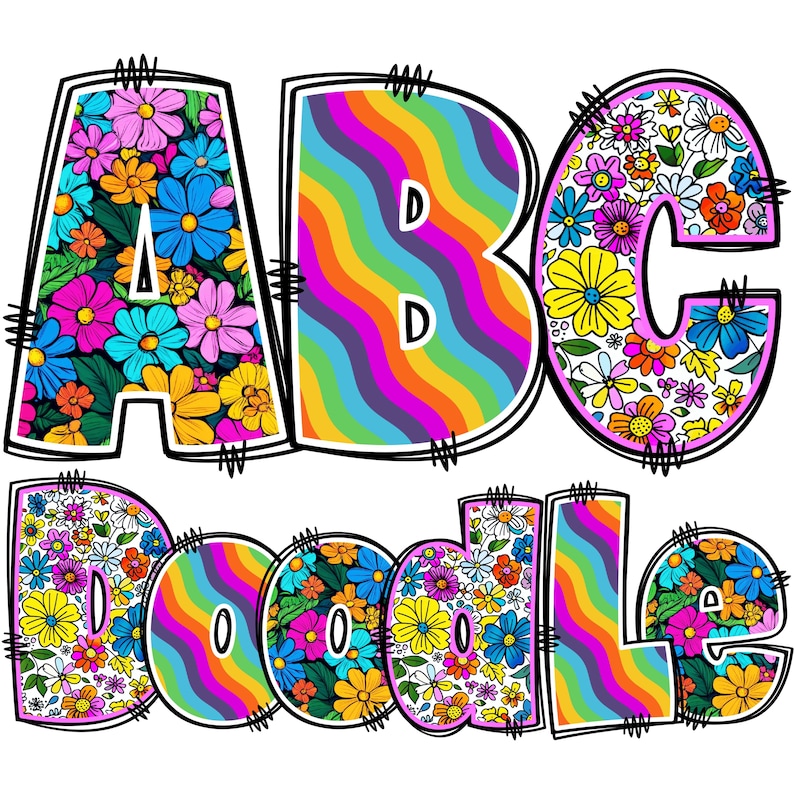 BUNDLE Summer Alphabet PNG, Groovy Floral Doodle, Spring PNG Letters ...