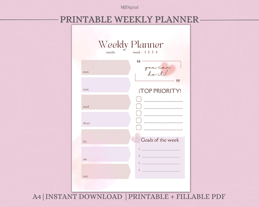 Weekly Planner PRINTABLE, Weekly Schedule, Fillable PDF A4, EDITABLE ...