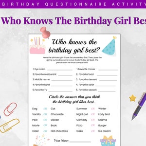 Who Knows the Birthday Girl Best, Birthday Questionnaire Activity, Girl ...