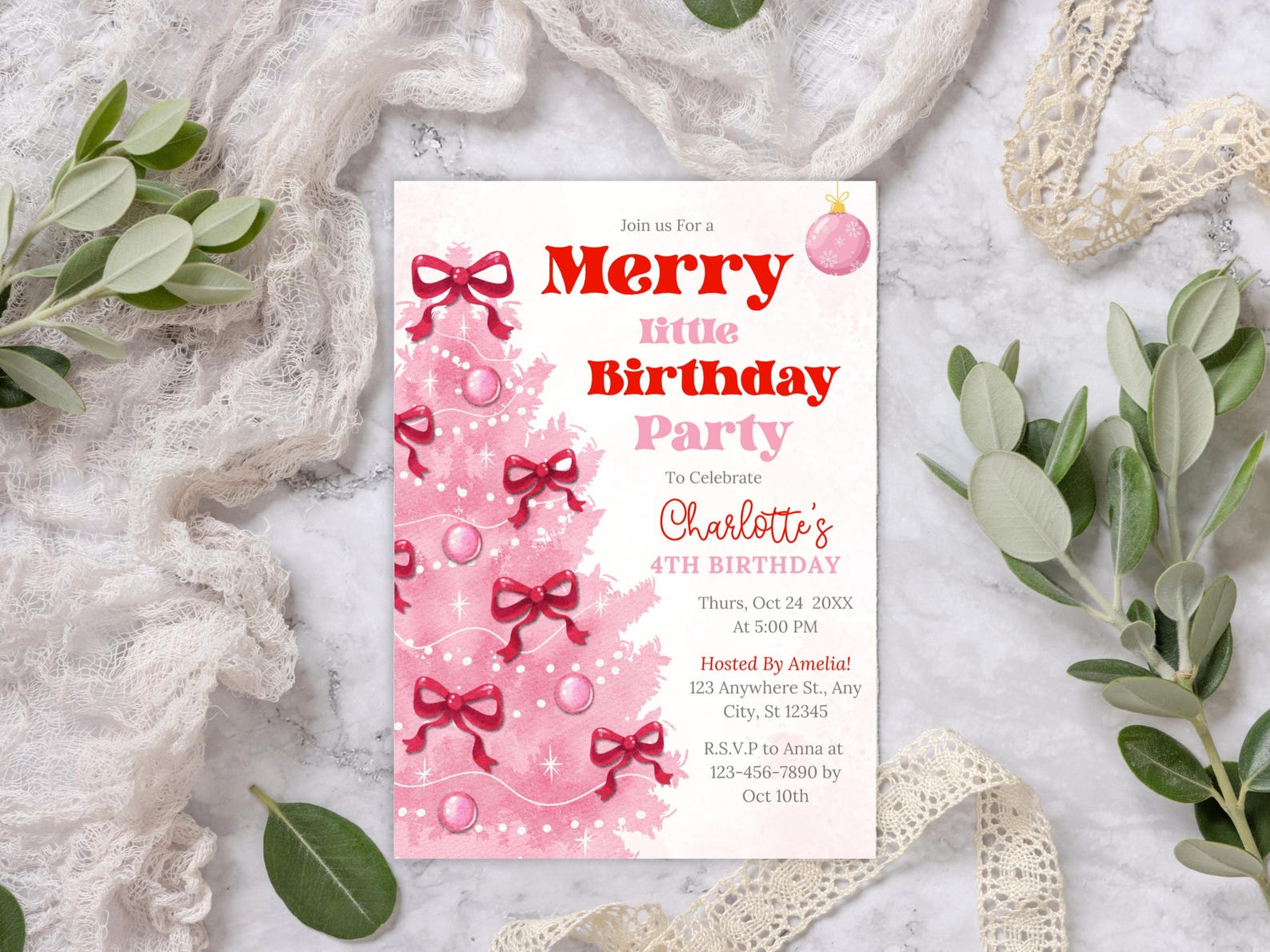 Editable Pink Christmas Merry Little Birthday Girl Invitation, Holiday ...