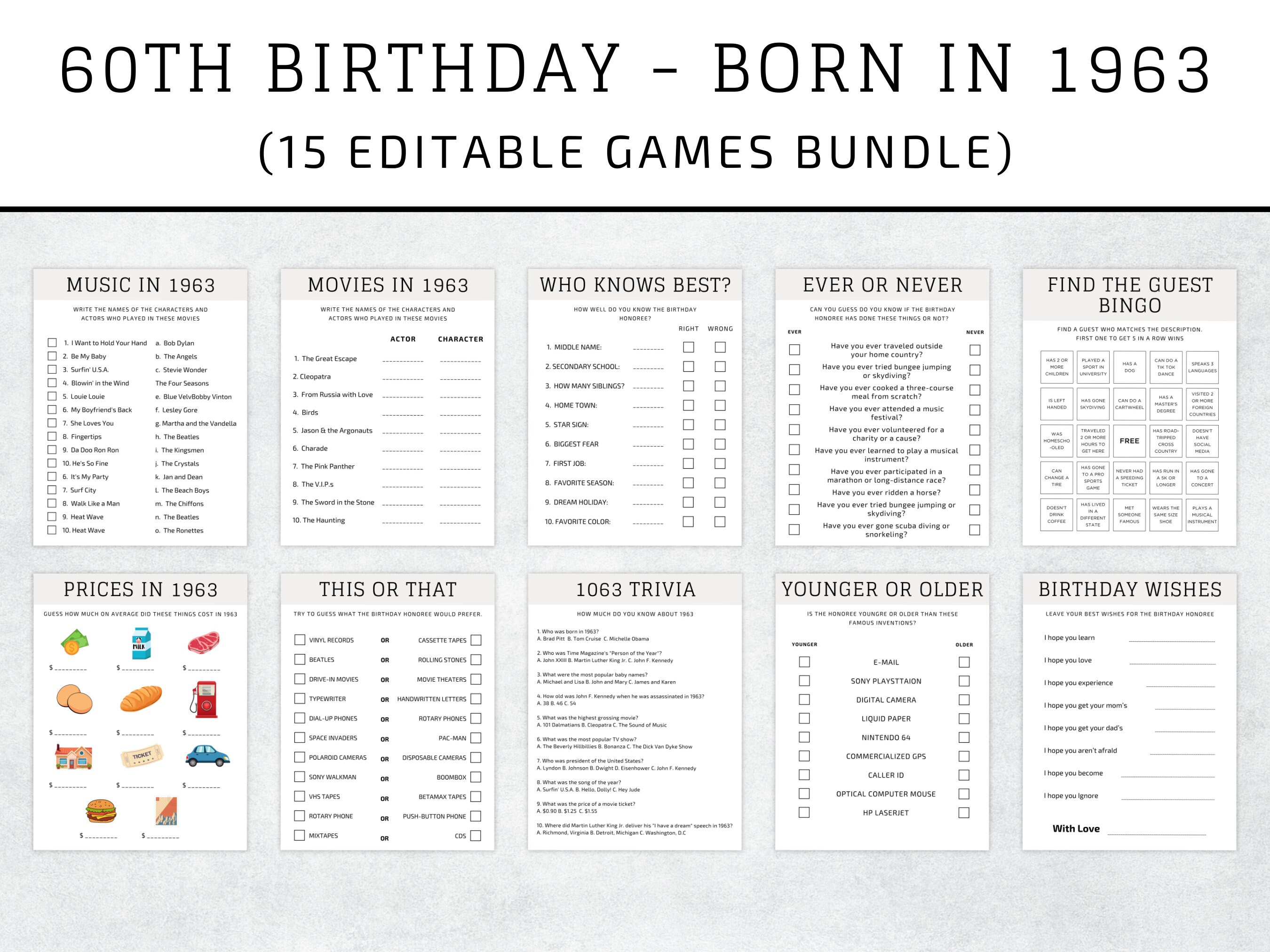 60th Birthday Games Bundle 1963 Birthday Games 60th Birthday - Etsy